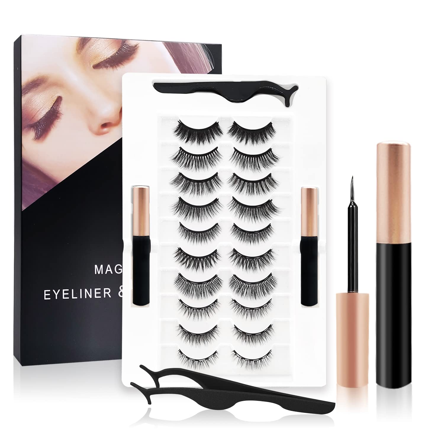 Magnetic Eyelashes Kit with Eyeliner, Magnetic Lashes Natural Looking 10 Pairs , 2 Pcs Magnetic Eyeliner, Reusable 3D False Eyelashes Lashes Pack, With lash tweezers,No Glue! Eyelashes Magnetic