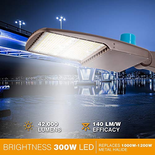 300-Watt LED Parking Lot Lights - 42,000lm - LED Shoe Box Light Replaces 1000W Metal Halide - 5000K Bright White - UL Listed & 140lm/W DLC Premium - Adjustable Direct Mount - 100-277VAC Photocell