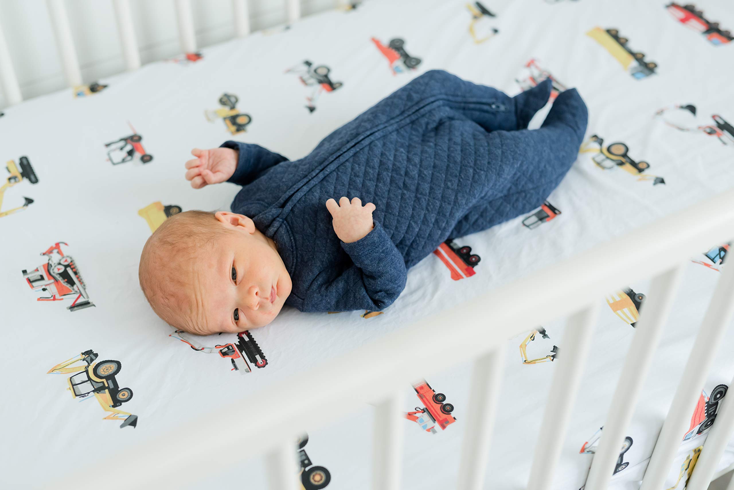 100% Cotton Fitted Crib Sheet - Premium Baby Bedding - Soft, Breathable & Durable - Construction Trucks Print