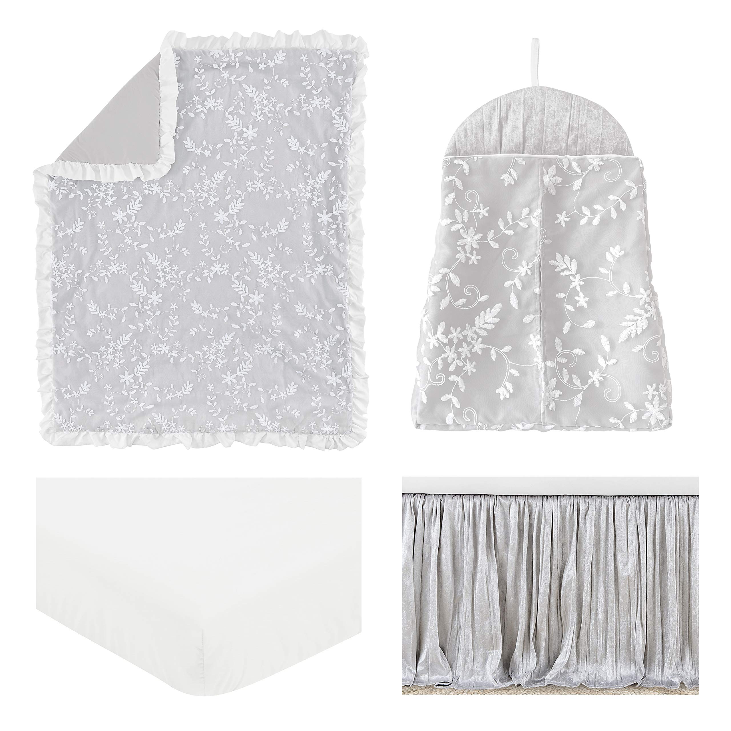 Sweet Jojo Designs Grey Floral Vintage Lace Baby Girl Nursery Crib Bedding Set - 4 Pieces - Solid Light Gray Crinkle Crushed Velvet Luxurious Elegant Princess Boho Shabby Chic Luxury Flower Ruffle