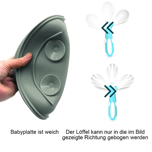 ANTUREBAY Suction Plates for Babies, 100% SiliconeToddler plates,Divided Baby Plates, Dishwasher & Microwave Friendly,Food Grade Silicone Kids Plates with Spoon Fork. (Blue,Green,Gray)