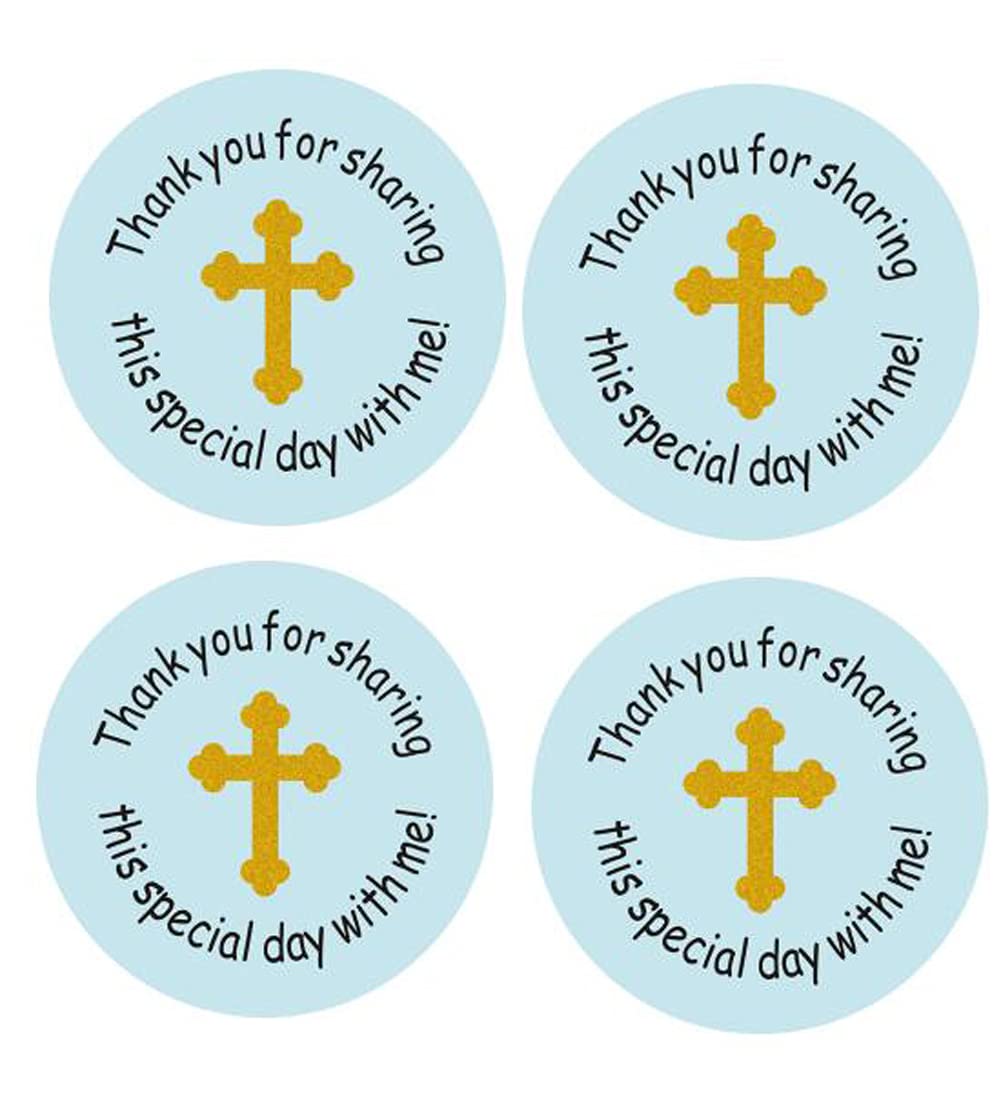 50 Pack of 2" Round Cross Thank You Stickers Labels Candy Sticker Labels for Religious Party, Baptism, Confirmation, Christening, First Communion, Birthday Party (Blue)