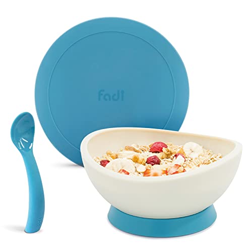 FLYTTA FADI Toddler Bowl Baby Bowl Suction Bowl Baby Feeding Set Suction Cup Bowl with Silicone Lid and Baby Spoon First Stage Self Feeding Baby Utensils Suction Bowls for Baby - Ocean Blue