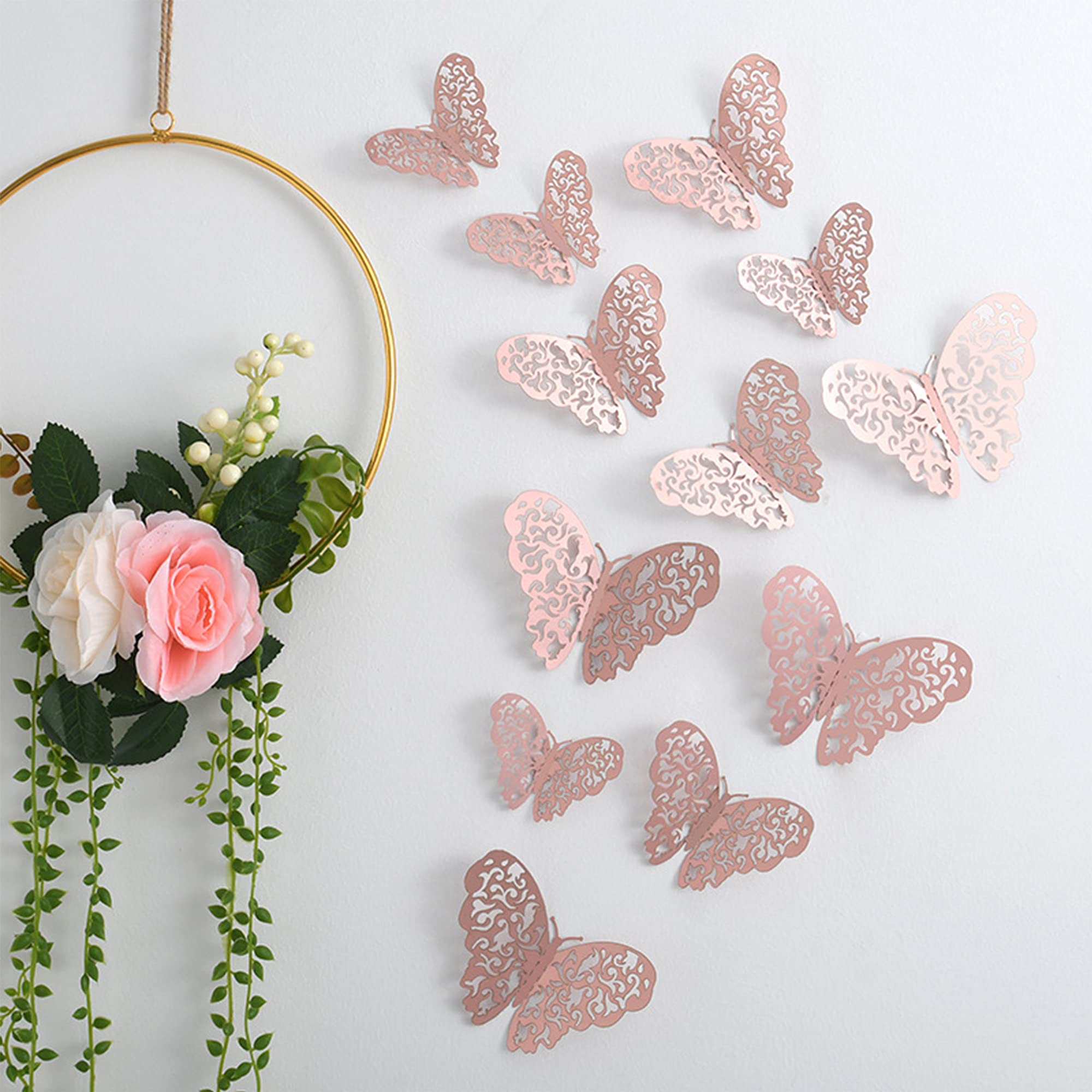3D Butterfly Wall Stickers, Removable Metallic Wall Decals Fridge Sticker Room Mural Decoration for Kids Bedroom Nursery Classroom Party Wedding Decor DIY Gift, Rose Gold, 36Pcs