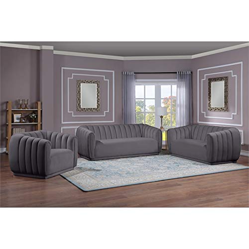 Meridian Furniture 674Grey-S Dixie Collection Modern | Contemporary Velvet Upholstered Sofa with Deep Channel Tufting, 84" W x 37" D x 32.5" H, Grey