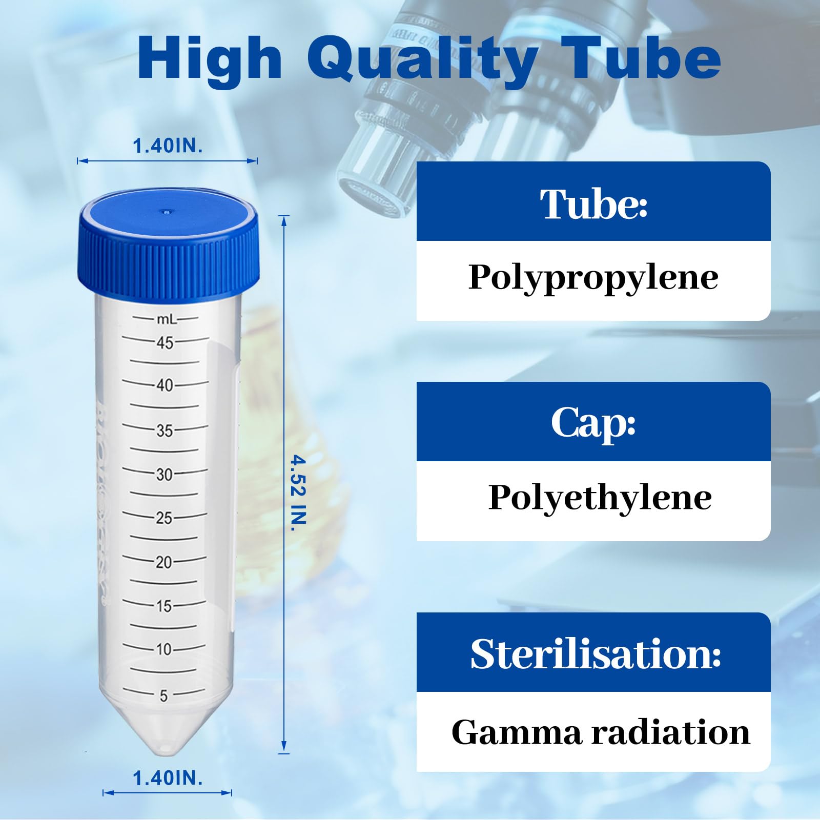 50ml Polypropylene Centrifuge Tubes, Racked Package Tubes, Flat Seal Conical Tubes, Sterilisation, RNase & DNase Free, 25 Tubes/Rack, 20 Racks/Case, Total of 500 Tubes