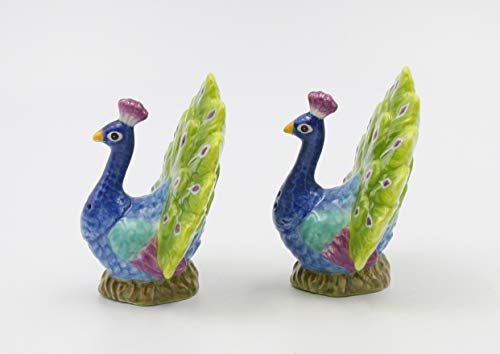 Fine Porcelain Peacock Open Fan Tail Salt & Pepper Shakers Set, 3-1/8" H