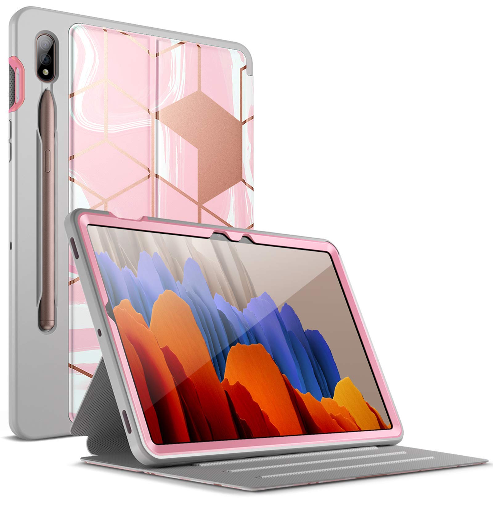 Popshine Marble Series Designed for Samsung Galaxy Tab S7 / S8 Case, Full Body Premium 360 Degree Protective Folio Cover with Built-in Screen Protector, Liquid Marble Pink