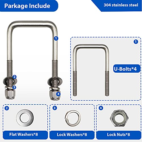 304 Stainless Steel Square U-Bolts Boat Trailer (1/2" D x 3-1/16" W x 5-5/16" L),U Bolt Fit 3" x 3" Square Trailer Frame(4PCS)