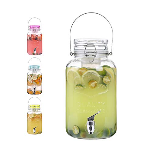 Emica Home 1 Gallon Cold Drink Glass Beverage Dispenser with Ice Infuser, Clear Bail & Trigger with Locking Clamp Drink Dispenser with Easy Flow Spigot for Outdoor, Parties and Daily Use