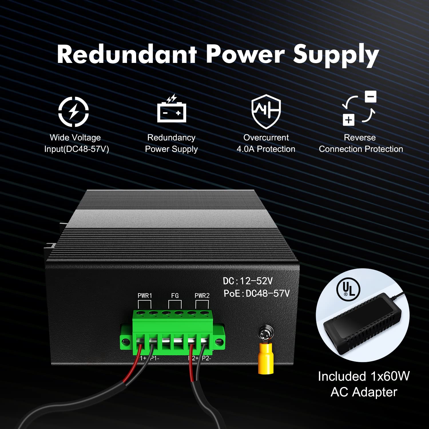 MokerLink 5 Port PoE Gigabit Industrial DIN-Rail Ethernet Switch, 14Gbps Switching Capacity, IP40 Rated Network Switch (-40 to 185°F), with UL Power Supply