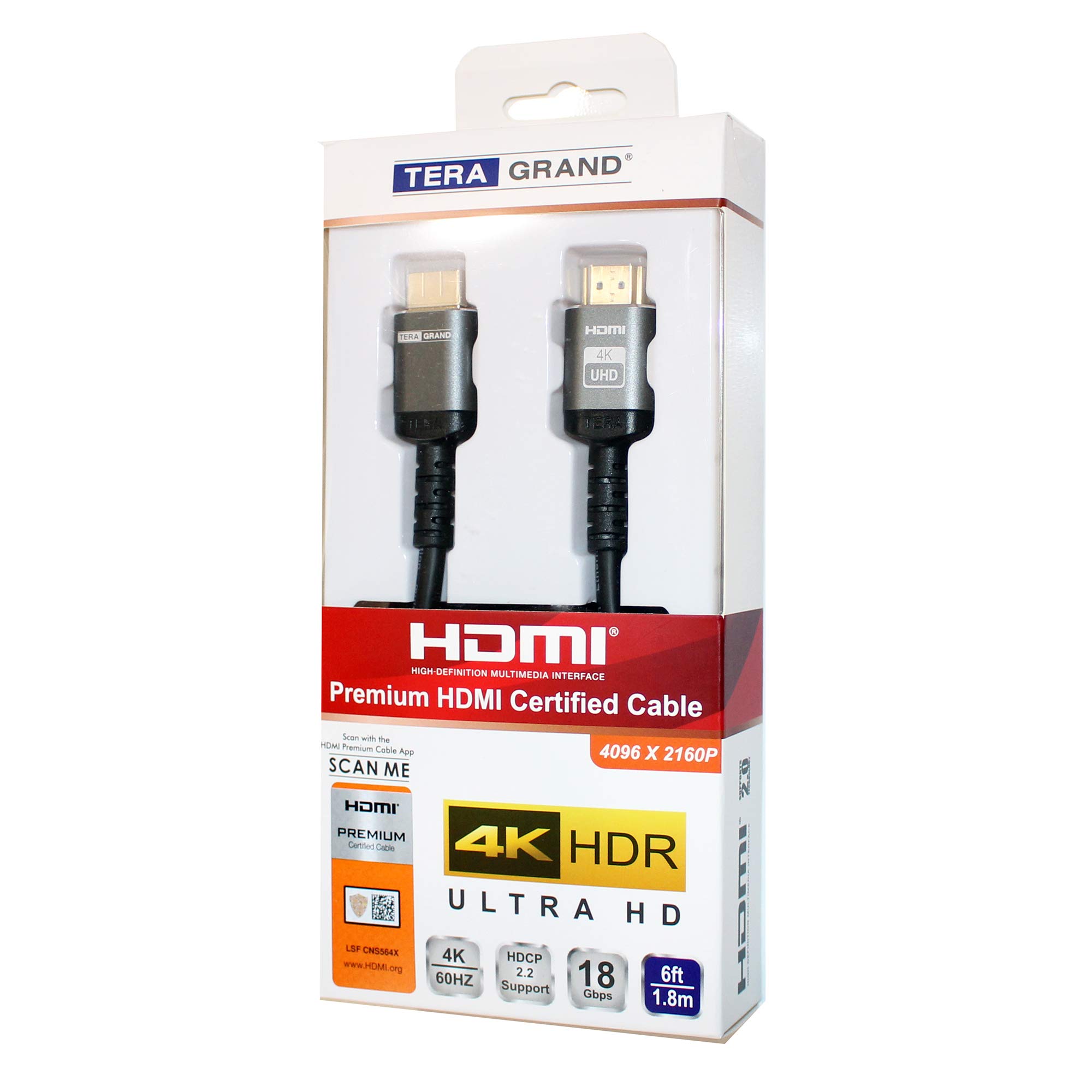 Tera Grand - Premium High Speed HDMI Certified 2.0 Cable with Aluminum housing, Supports 4K HDR Ultra HD 18 Gbps 4K 60Hz HDCP 2.2, 6 Feet