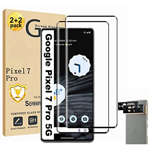 【2+2 Pack】2 Pack for Google Pixel 7 Pro Screen Protector, 2 Pack Tempered Glass Screen Protector, 2 Pack Tempered Glass Camera Lens Protector, Compatible Fingerprint, 3D Glass 9H Hardness Tempered Glass Screen Protector for Google Pixel 7 Pro 5g