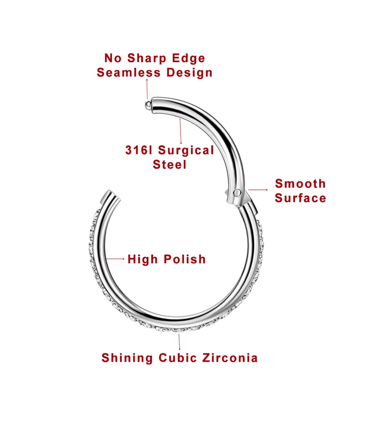 16G Conch Piercing Jewelry 316L Surgical Steel Segment Nose Hoop Ring CZ Paved Segment Helix Piercing Jewelry Earring Rook Ring Nose Piercing Jewelry Silver Earrings Seamless Clicker 16 Gauge Rings