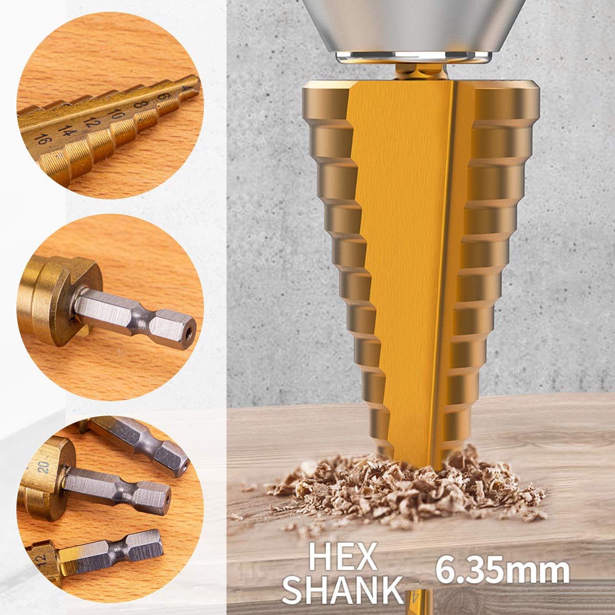 3Pcs HSS Titanium Coated Step Drill Bit Set, 1/4" Hex Shank Drive Quick Change High Speed Steel Cone Drill Bit for Sheet Metal Wood Plastic Hole Drilling Cutting (Metric 3-12mm/ 4-12mm/4-20mm)