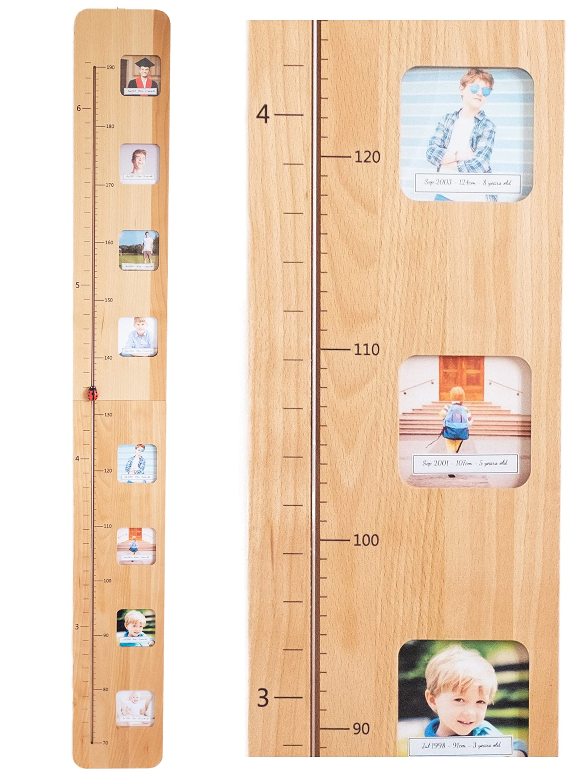 Kids Beech Wood Wall Growth Chart with Photo Windows. Capture Growth Milestones with Pictures. Neutral Wooden Decor Height Ruler Keepsake Gift for Babies, Boys or Girls