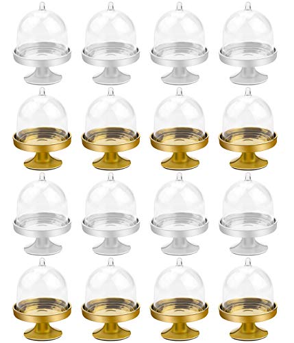 BILLIOTEAM 16 Packs Plastic Mini Cake Stand with Dome, Mini Cupcake Stand Plate with Lid, Cake Stand Candy Box Bulk for Wedding, Birthday, Baby Shower, Tea Party Supplies (Gold and Silver)