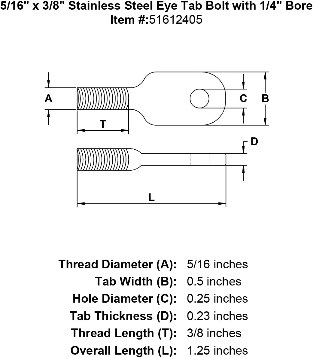 5/16" x 3/8" Stainless Steel Eye Tab Bolt with 1/4" Bore