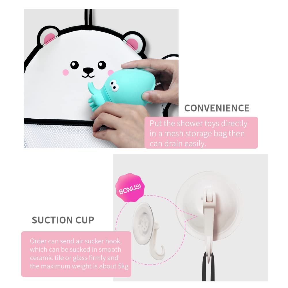 Spuddies Bath Toy Organizer Shower Caddy Cute Bear Design - for Bathroom Baby Toy Storage Quick Dry Bathtub Mesh Net Baby Toy Holder with Suction Hooks