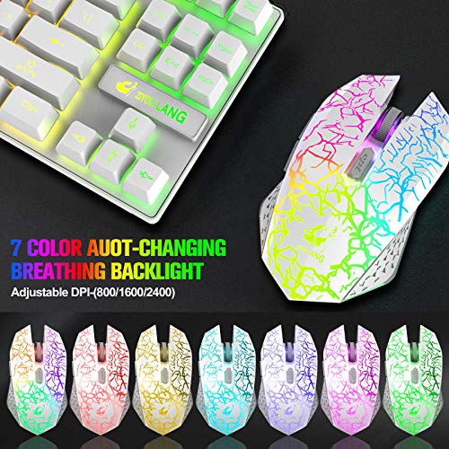 Wireless Gaming Keyboard Mouse and Wrist Rest Set with 87 Key Rainbow Backlight Rechargeable 3800mAh Battery Mechanical Feel Anti-ghosting Ergonomic Waterproof Mute Mice for PC Mac Gamer (White Mix)
