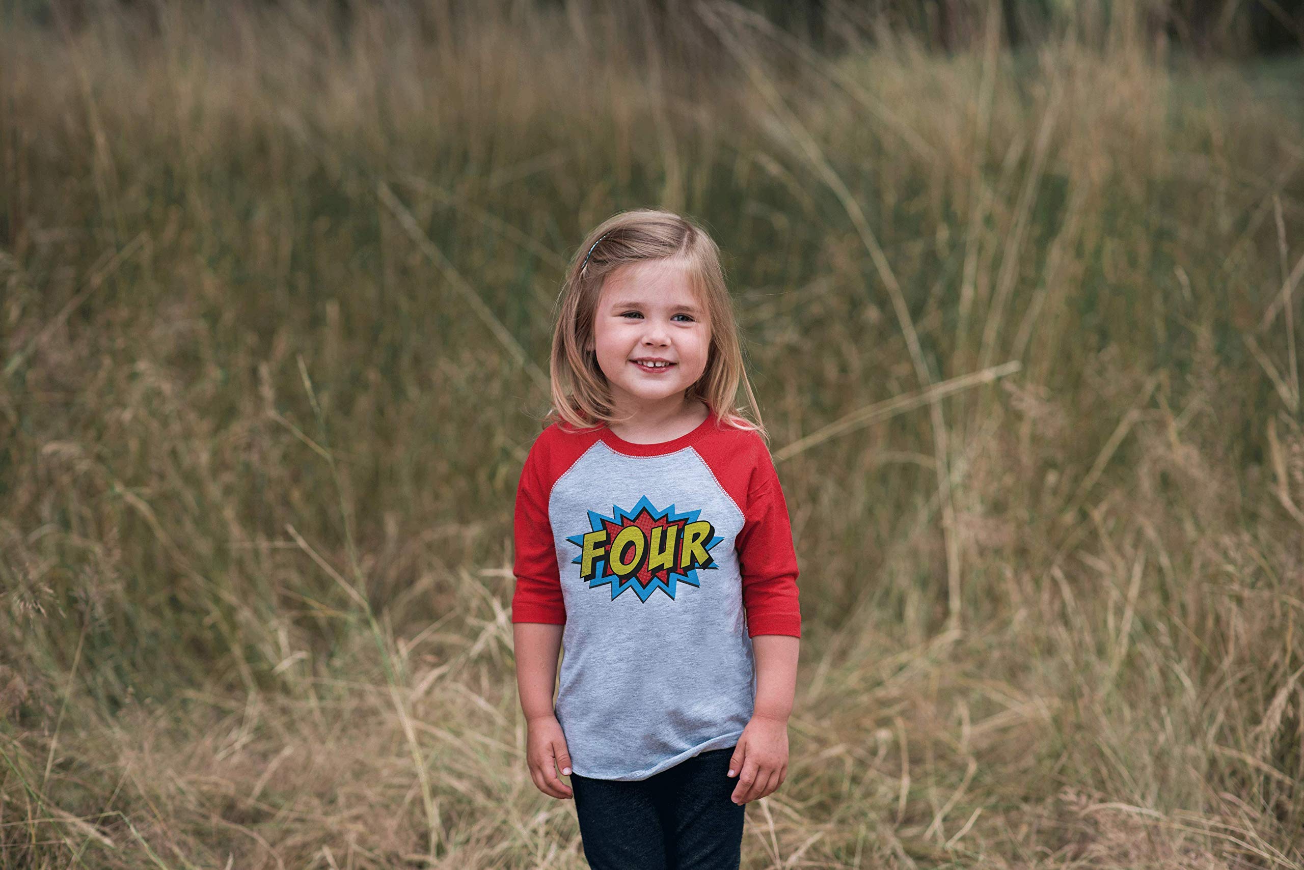 7 ate 9 Apparel Boy's Birthday Four 4 Fourth 4th Superhero Red Raglan 4T