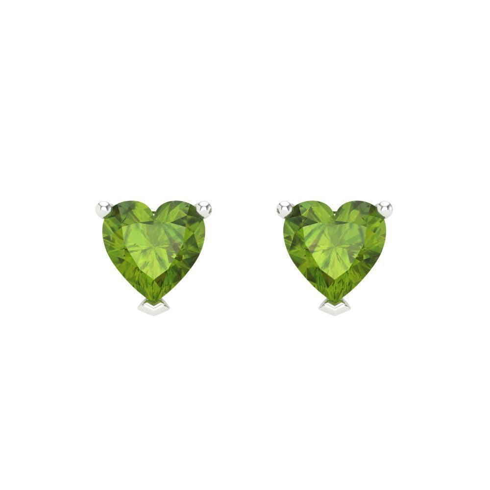 1.0 ct Brilliant Heart Cut Solitaire VVS1 Natural Green Peridot Pair of Stud Earrings Solid 18K White Gold Screw Back