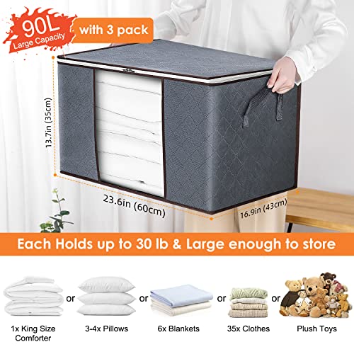 γπ―π£π°πγ Extra Large Clothes Blanket Storage Bags, 90L Thicker Fabric Closet Organizers and Storage Bins for Comforter, Clothing, Toys - Bedroom Dorm Storage Containers with Lids, Sturdy Handles -Grey