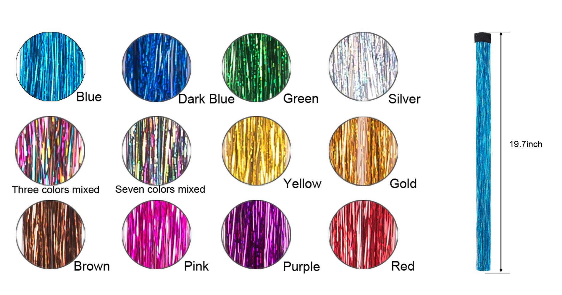 19.7 Inch Clip In Hair Fairy Tinsel Kit Clips Clip On Glitter Hair Tinsel Extensions 12 Colors