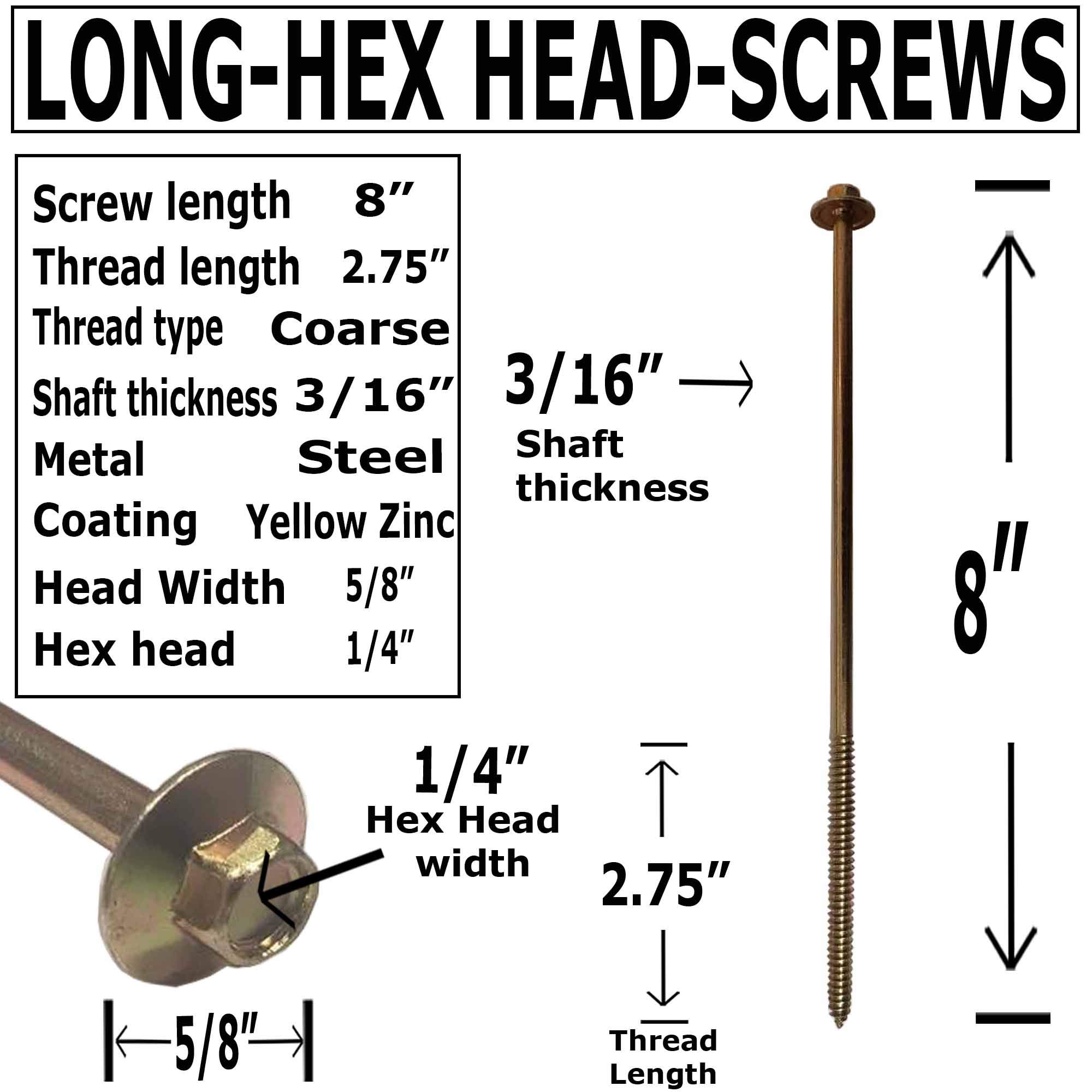 8" - Zinc Coated Rust Resistant Timber Tie - Heavy Duty 1/4" - Hex Head Structural Screw - 5/8" Wide Flange Head with coarse Thread for Secure Hold - Heavy Duty 3/16" Shank for Extra Strength (10)
