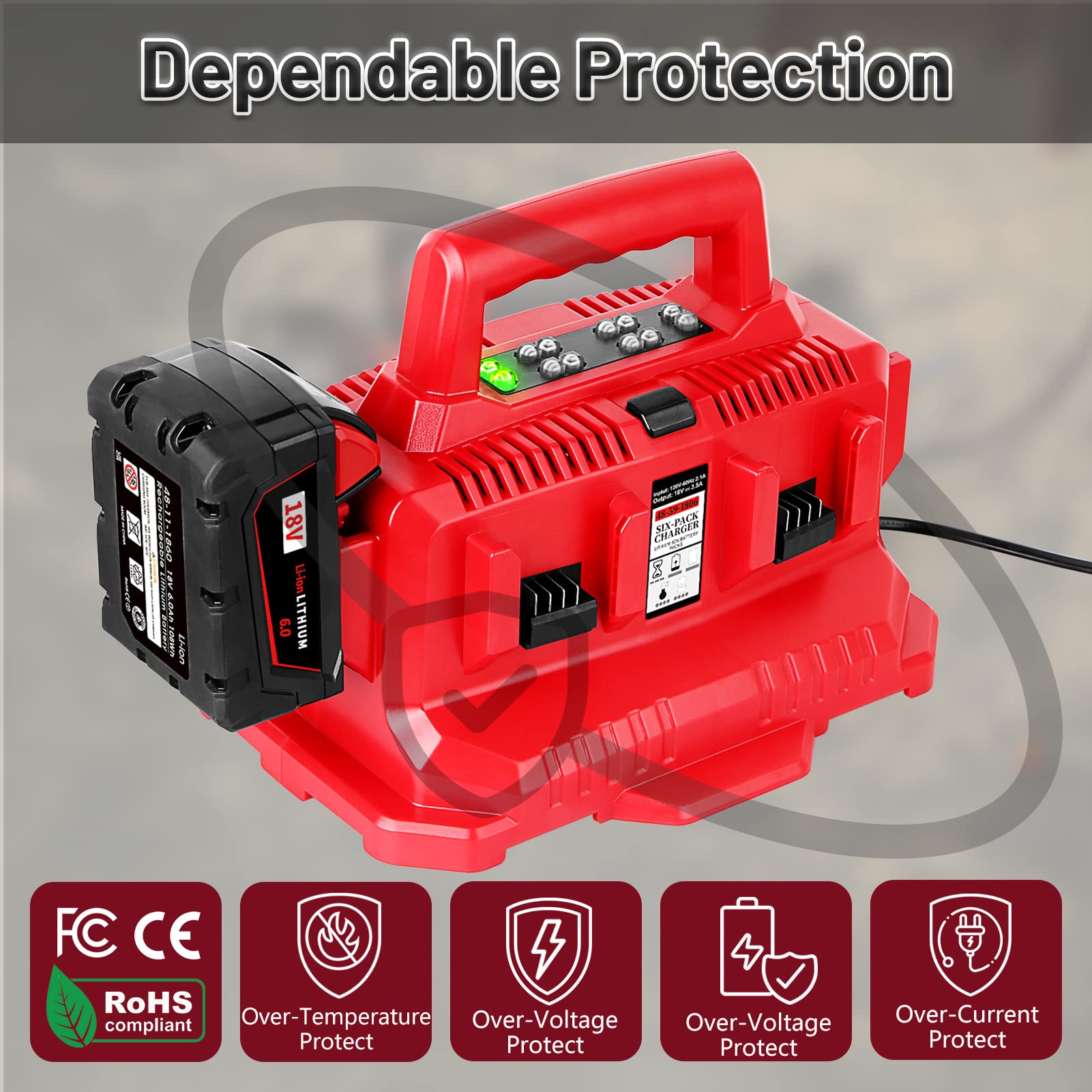 【6 Port & Wall Hole】 Replacement for Milwaukee M18 Battery Charger 6 Port 48-59-1806 18V for Milwaukee Multi Charger with Power Choose Button,6 LED Indicators