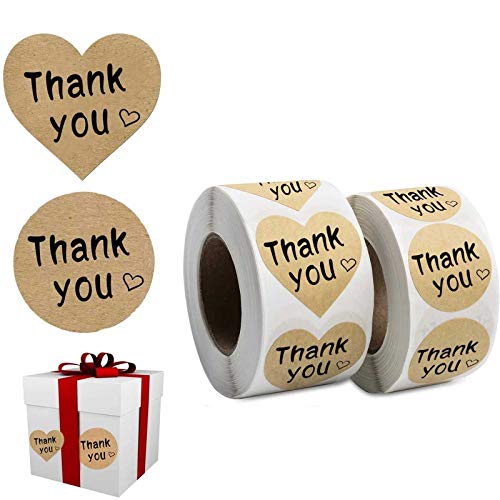 1000 Pack, Thank You Stickers Kraft Paper -2 Designs- Heart Love Shape Round Adhesive Decorative Sealing Stickers