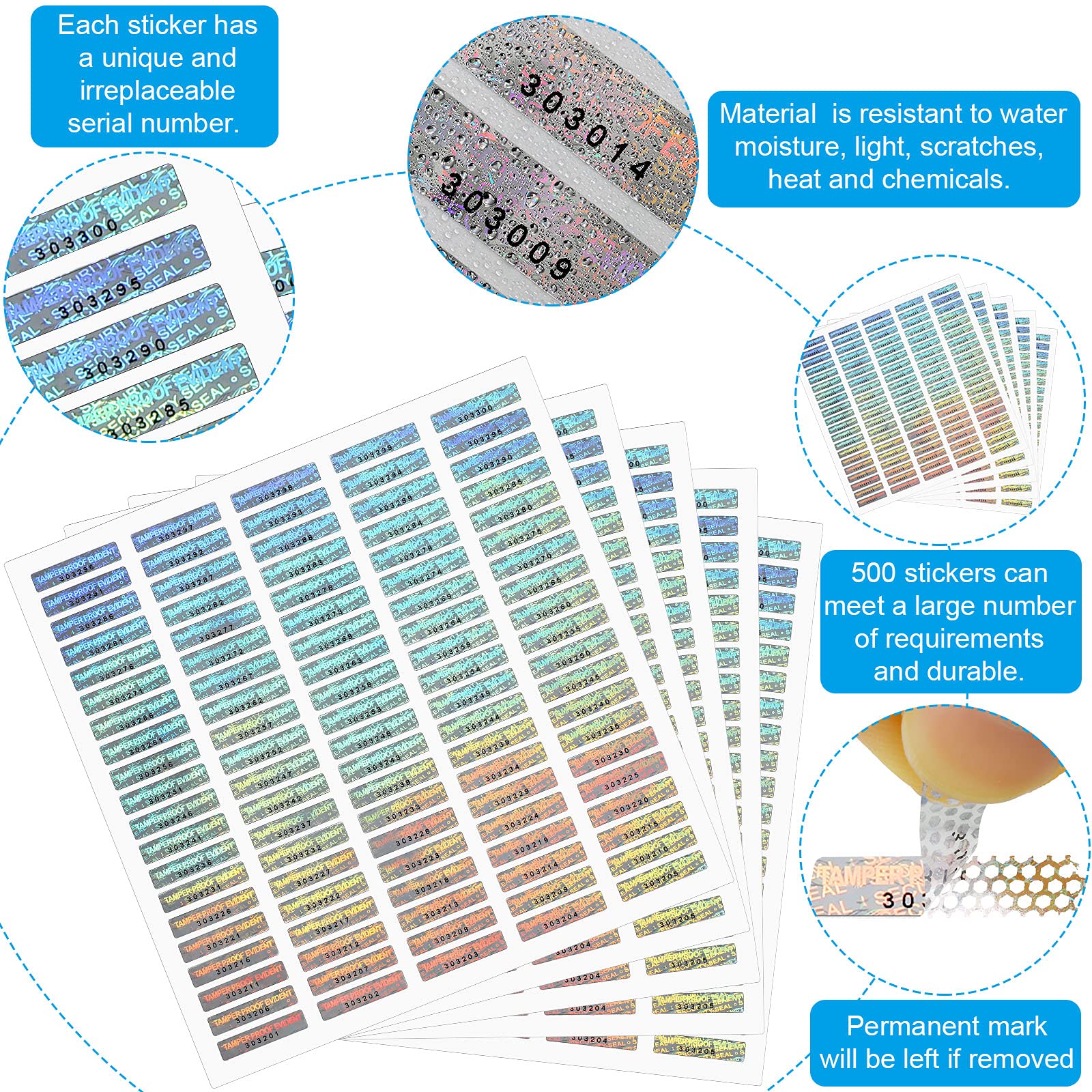 Marspark 500 Pieces Silver Security Tamper Evident Seals Stickers Void Original Genuine Authentic Hologram Labels Tamper Proof Evident Stickers Sequential Serial Numbering, 0.24 x 1 Inch