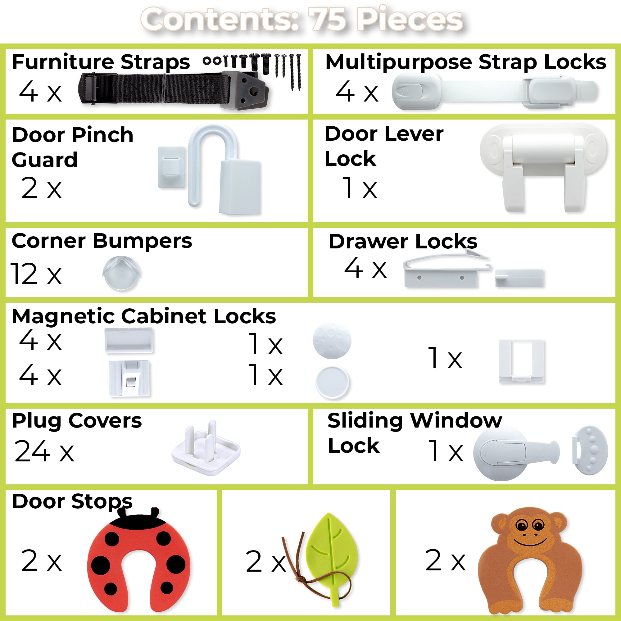 Child Proofing Kit: Baby Proof Set 75 Pieces Magnetic Cabinet Locks Outlet Covers Flexible Adhesive Corner Edge Guards Adjustable Size Safety Furniture Latches Kitchen Cupboards Drawers Cabinets Doors