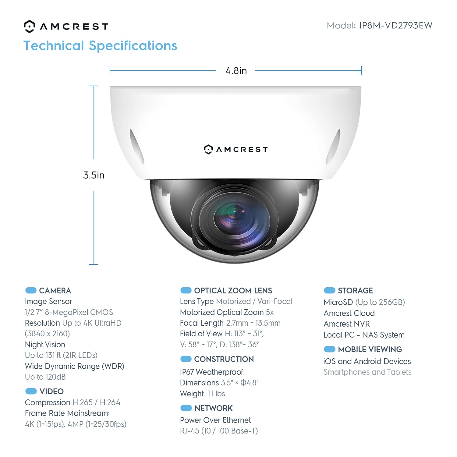 Amcrest 4K Optical Zoom IP Camera, Varifocal 8MP Outdoor POE Camera Dome, Security Camera, 2.7mm~13.5mm Lens, IP67 Weatherproof, IK10 Vandal Resistant, MicroSD Recording (IP8M-VD2793EW)