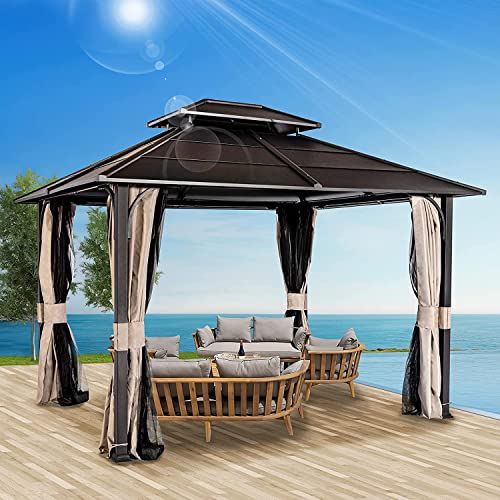 10' x 12' Gazebo, Outdoor Double Roof Canopy Hardtop Gazebo with Durable Metal Frame, Galvanized Steel Top Gazebo with Ventilation, Curtain and Netting, for Patio, Backyard, Deck and Lawns
