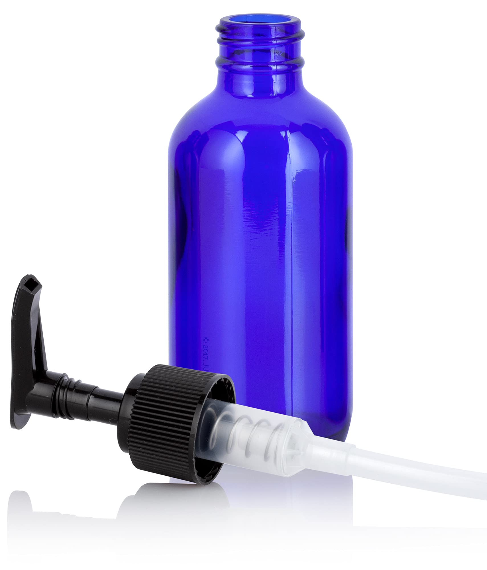 4 oz Cobalt Blue Glass Boston Round Bottle with Black Lotion Pump (12 Pack) + Funnel