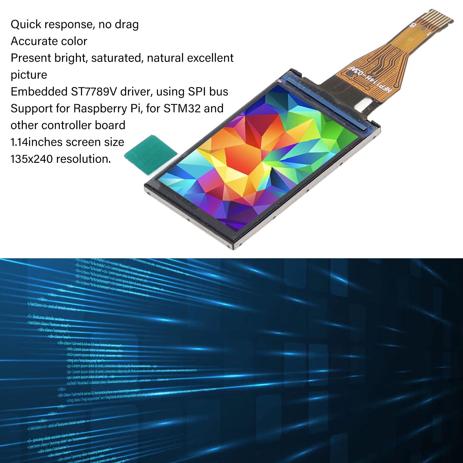 1.14in IPS Display Module, Quick Response Energy Saving Saturated ST7789V Drive 2Pcs Non Flash Thin TFT IPS Display Module for Controller Board