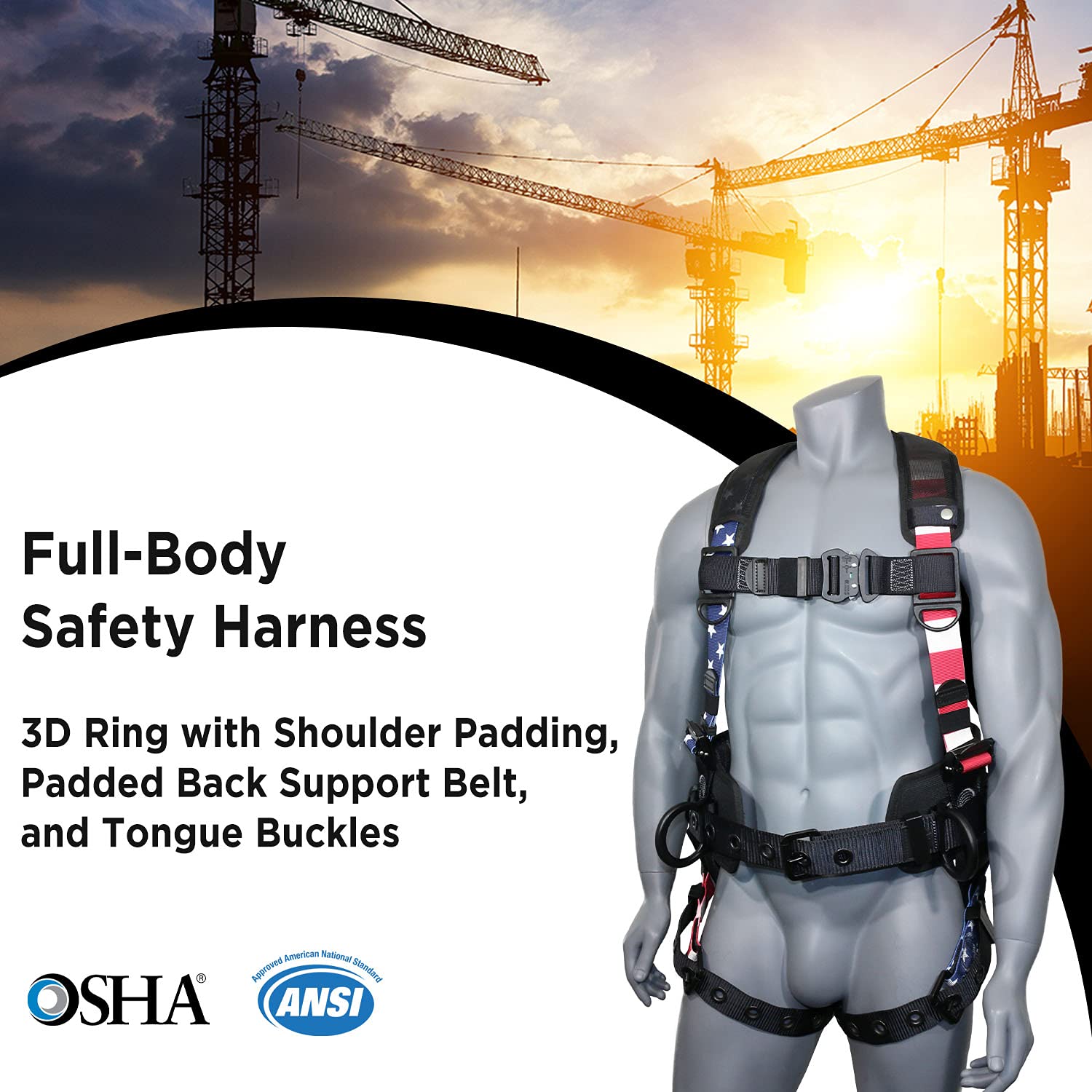 AFP Fall Protection Full-Body Premium American Flag Safety Harness, Vented & Padded Shoulder, Legs & Back, 8” Thick Back Support Belt, Aluminum D-Rings, Tongue Buckle, Quick Release (OSHA/ANSI PPE)
