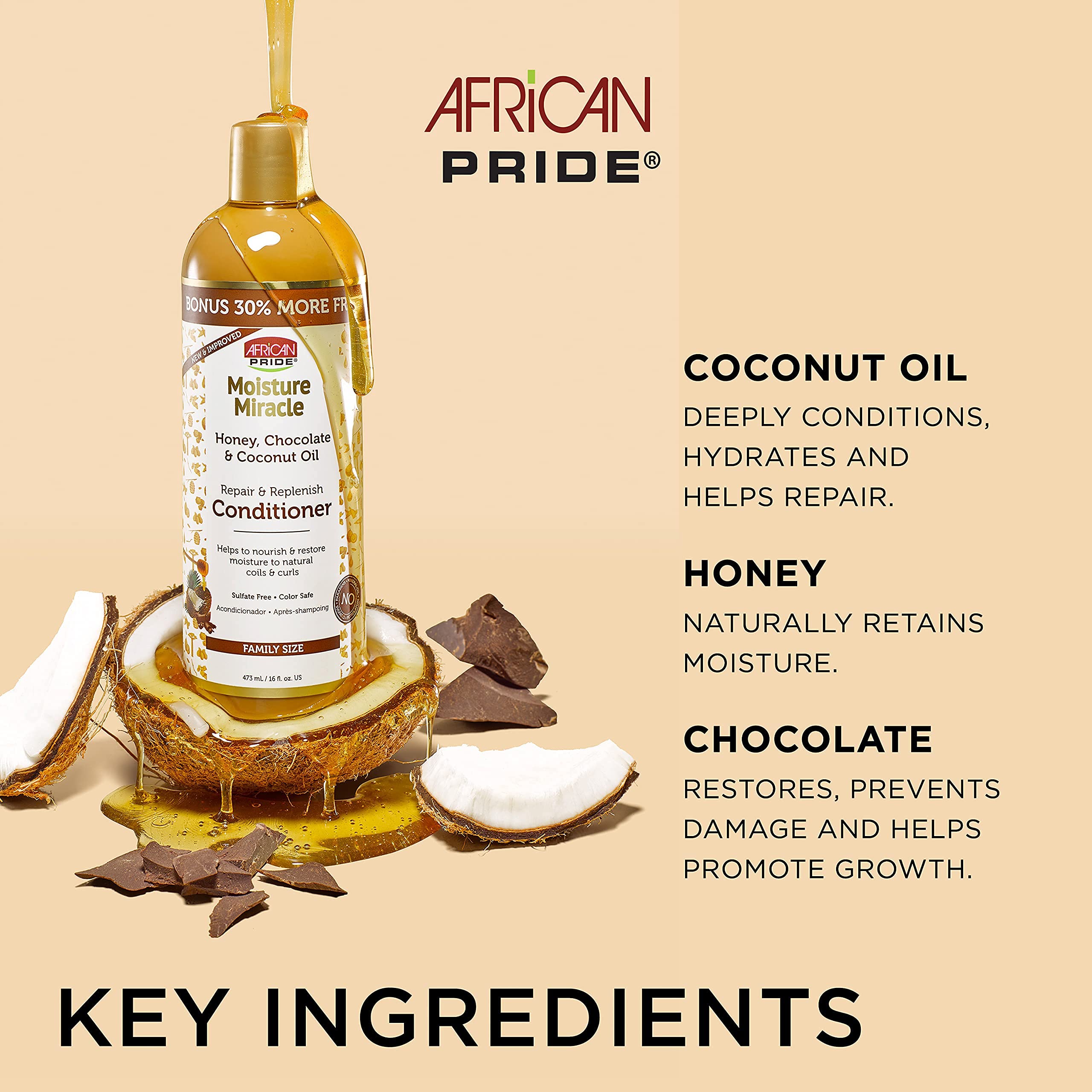 African Pride Honey & Coconut Oil Pre-Shampoo, Shampoo & Conditioner - Repair & Replenish Moisture for Natural Coils & Curls, 12 Oz & 16 Oz