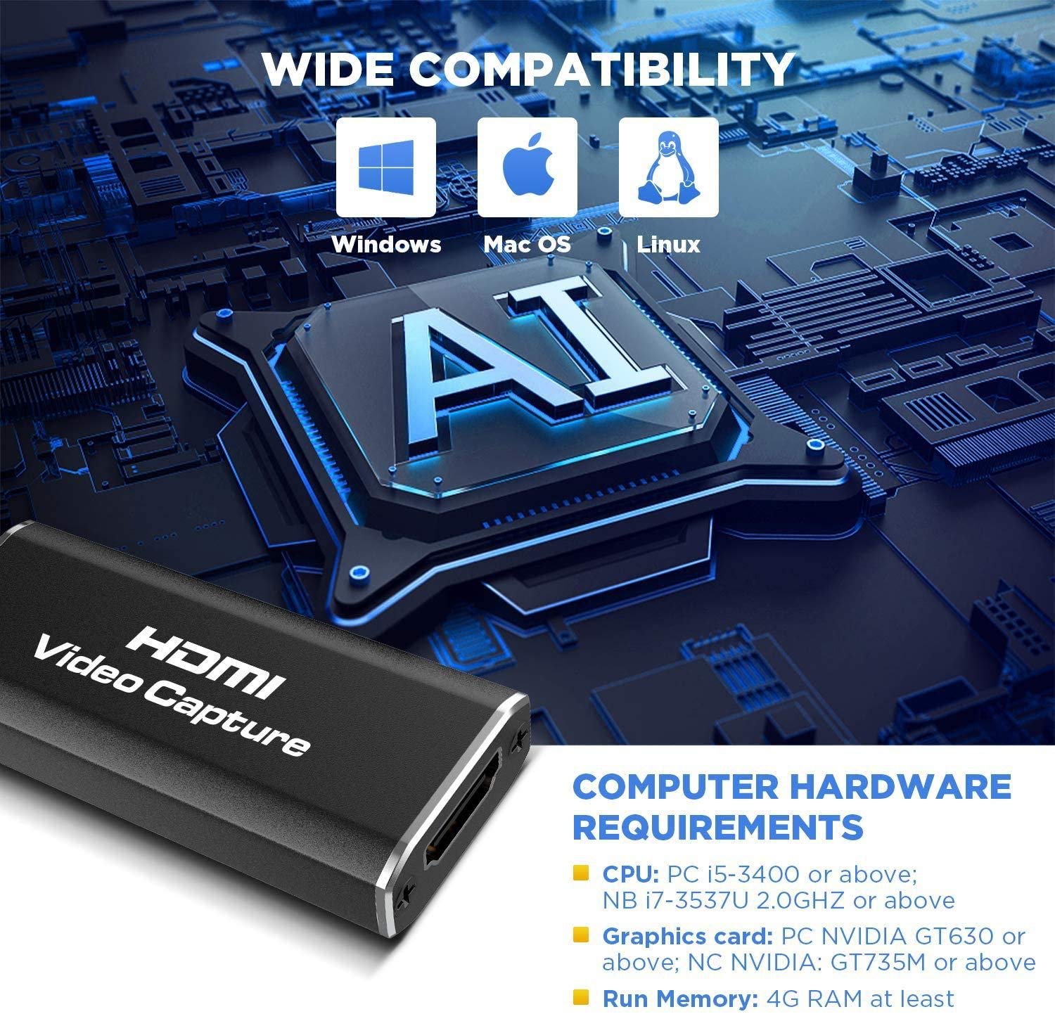 Audio Video Capture Card 1080P 30Hz HDMI to USB 2.0 Capture Card Record via DLSR for Gaming Streaming Live Broadcasting Teaching