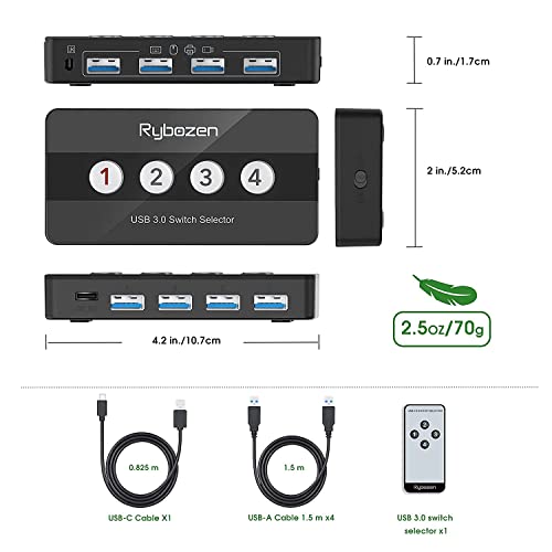 Rybozen USB 3.0 Switch 4 Ports for 4 PC 4 Inputs 4 Outputs USB Switch for Printer Keyboard Mouse Stick USB Hard Drive External Scanner, with Remote Controlā¦
