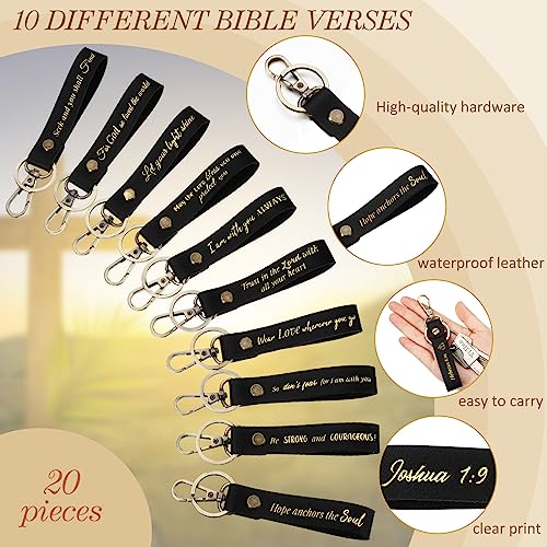 20 Pcs Christian Key Chain Leather Religious Keychain Inspirational Bible Key Chains Verse Quote Keychains Christmas Gifts (Black Gold)