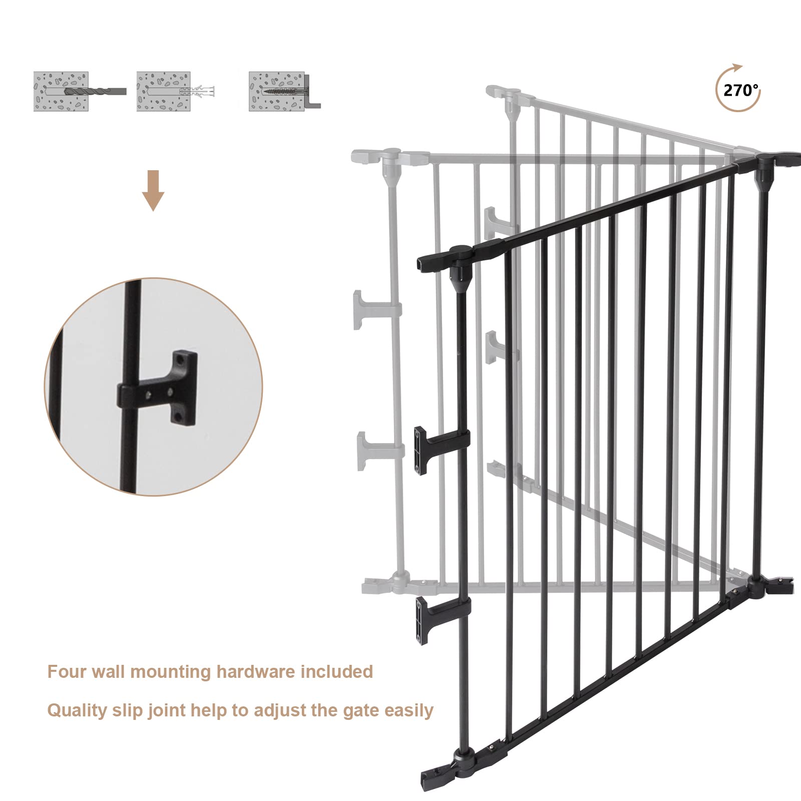 Bonnlo 119 Inch Extendable Dog Gate for Wide Doorways, Fireplace Gate Hearth Gate Indoor Extra Wide Gate, Wall Mounted Black