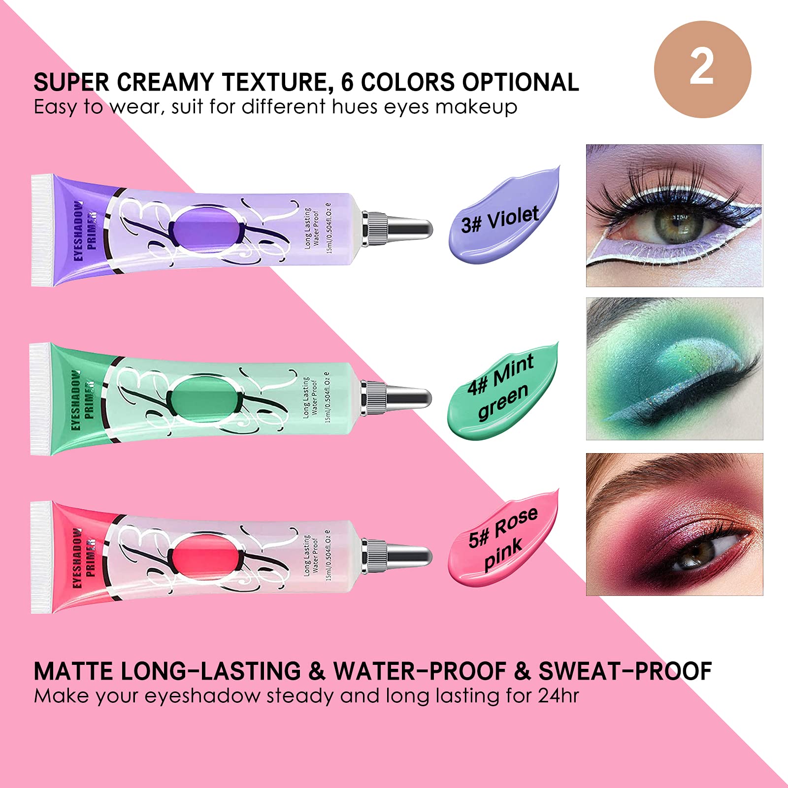 LOKFAR 2 Pack Matte Eyeshadow Primer for Oily Lids White Eyeshadow No Crease Eye Primer Makeup Eyeshadow Base Waterproof & Smudge-proof & Long Lasting Cream Liquid Eye-shadow for All Shadows (Set A)