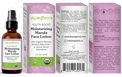 Sky Organics Youth Boost Moisturizing Marula Face Lotion for Face USDA Certified Organic to Moisturize, Nourish & Boost Glow, 2 fl. Oz