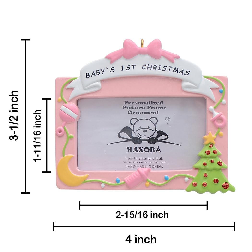 MAXORA Baby's First Christmas Photo Ornament 2024 - Personalized Pink Picture Frame Christmas Ornament - Custom for Grandbabies - Babies 1st Holiday Keepsake