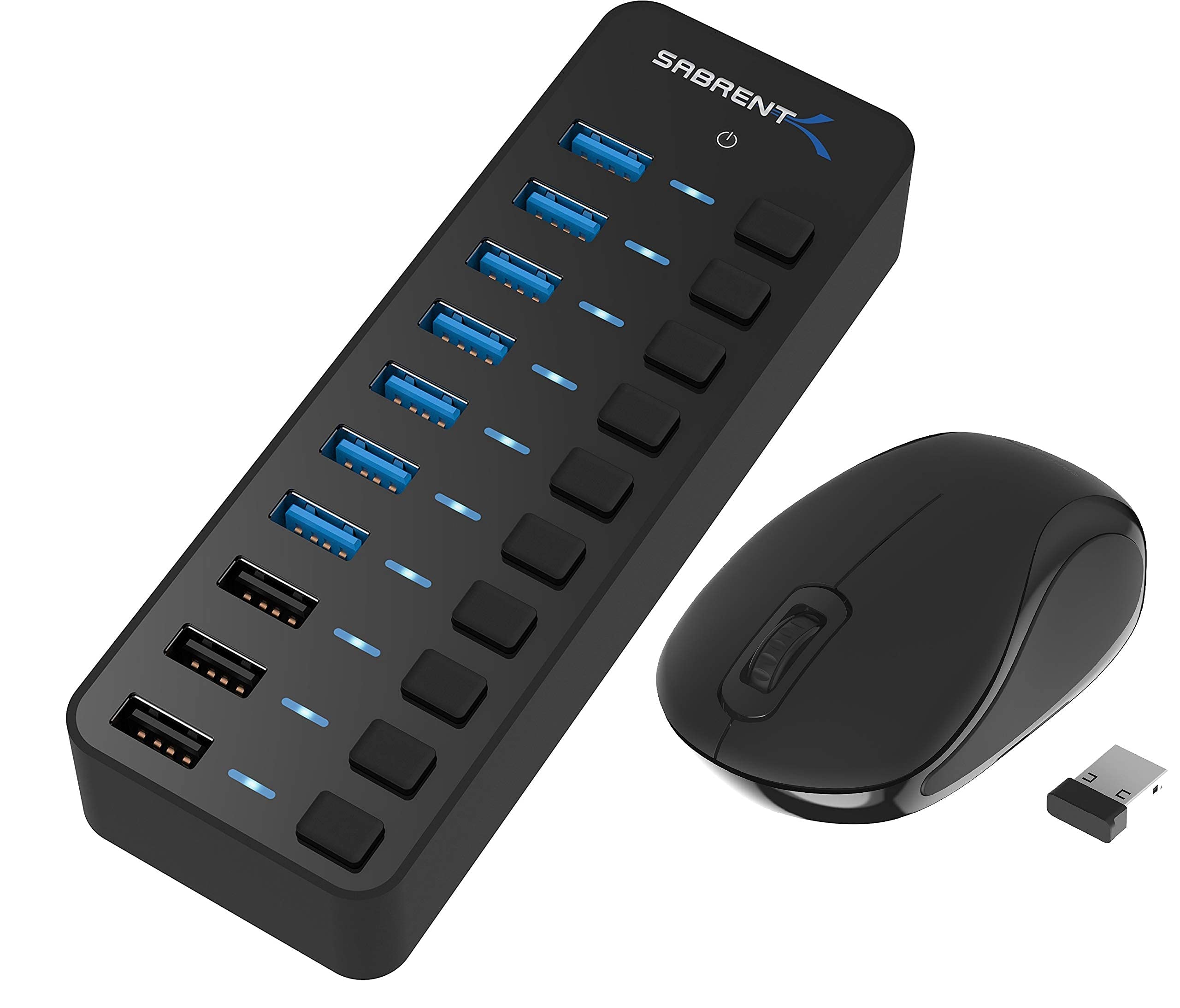 Sabrent 60W 10-Port USB 3.0 Hub + Mini Travel 2.4GHz Wireless Mouse with Nano Receiver