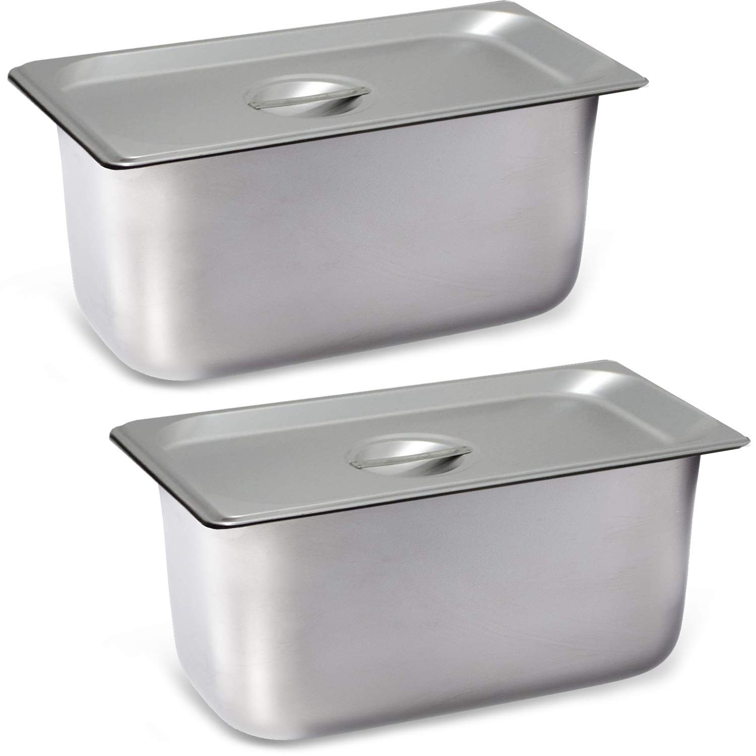 2 Stainless Steel Containers Third Size, Steam Table Pan with Lid, Restaurant and Commercial Pans, Hotel Pan 6” Deep, Stainless Steel Food Containers, Stainless Freezer Bin, Metal Ice Bin