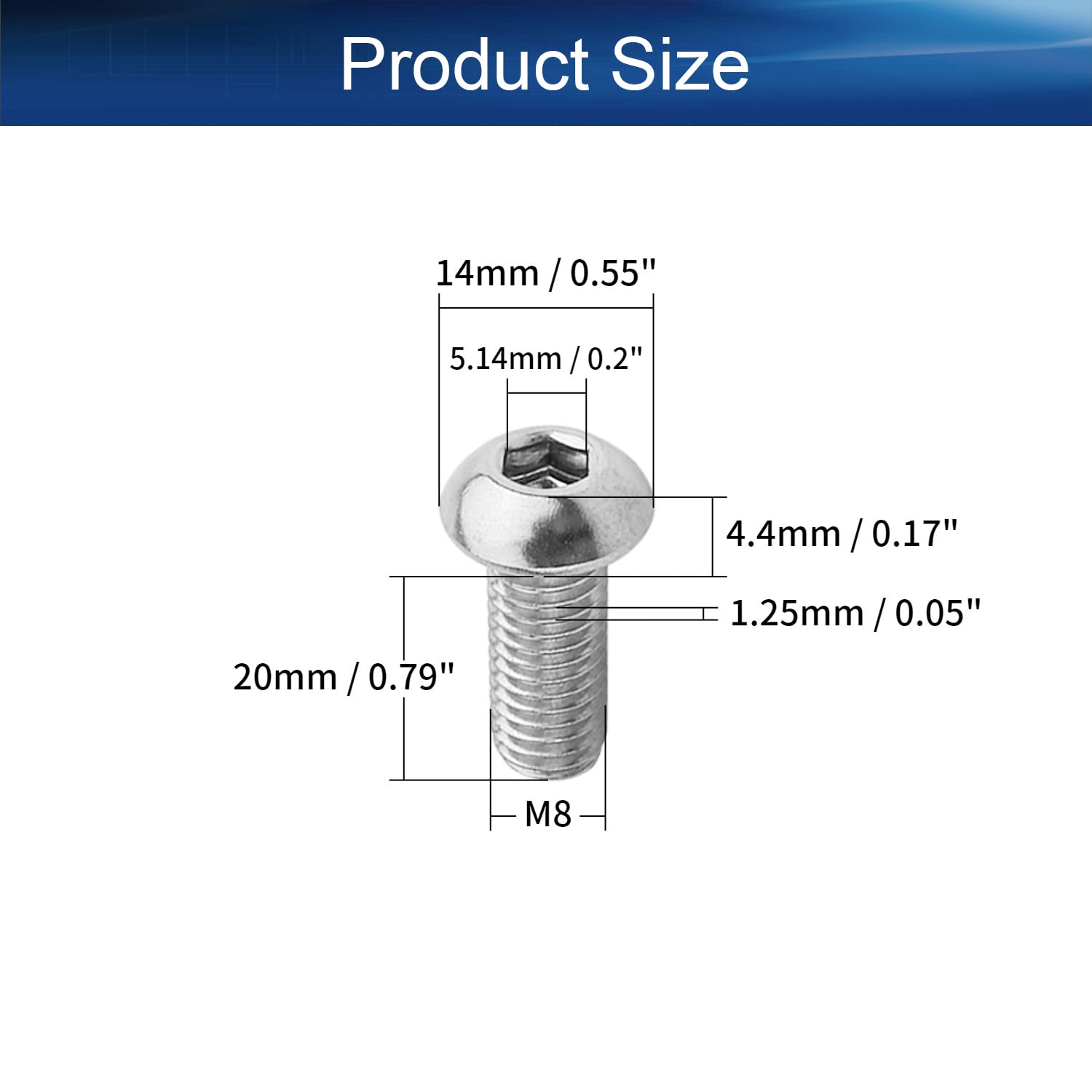 Yinpecly M8x20mm Button Head Socket Cap Screw 304 Stainless Steel Fastener Hex Drive Fully Threaded Cap Bolts Inner Hex Socket Bolts Galvanized 10Pcs