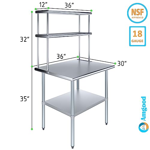 30" x 36" Stainless Steel Work Table with 12" Wide Double Tier Overshelf | Metal Kitchen Prep Table & Shelving Combo